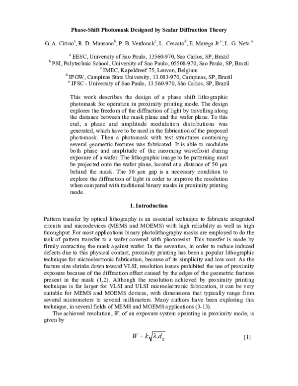 (PDF) Phase-Shift Photomask Designed by Scalar Diffraction Theory