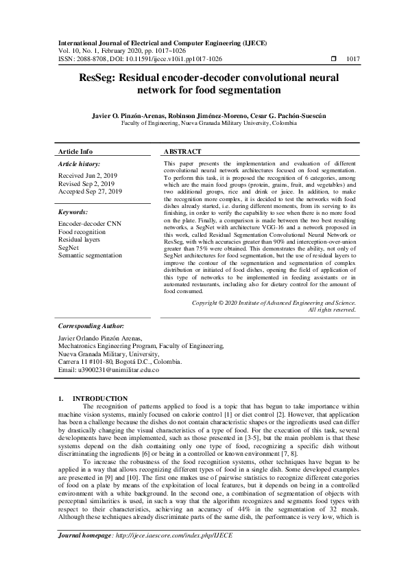 Pdf Resseg Residual Encoder Decoder Convolutional Neural Network For Food Segmentation