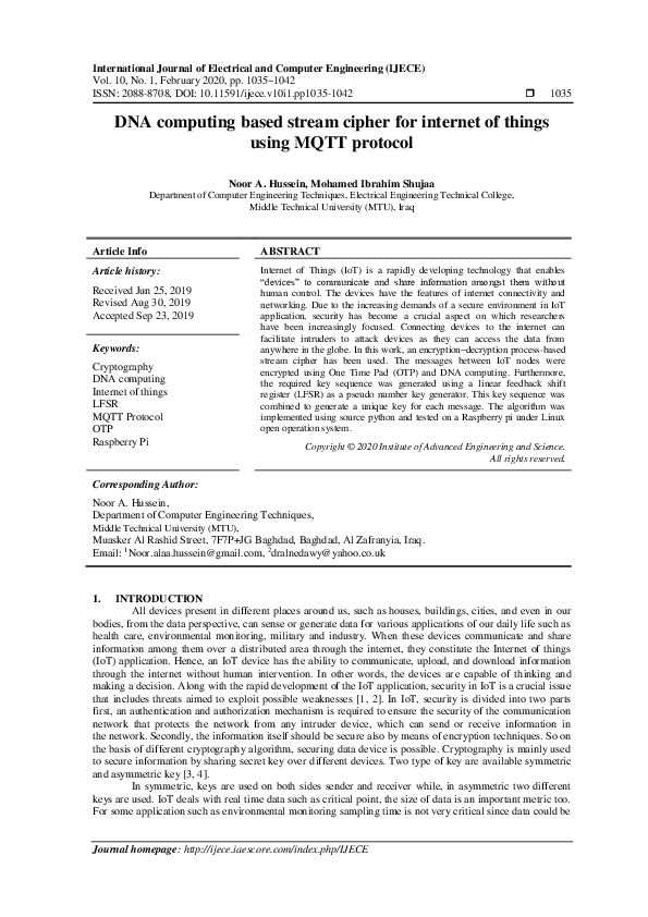 Pdf Dna Computing Based Stream Cipher For Internet Of Things Using Mqtt Protocol