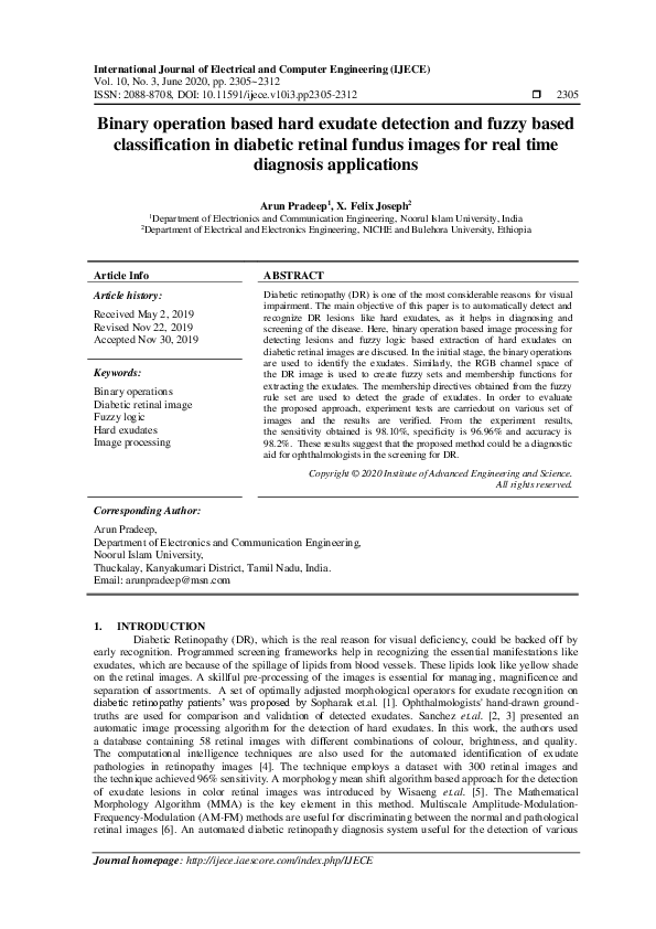Pdf Binary Operation Based Hard Exudate Detection And Fuzzy Based Classification In Diabetic