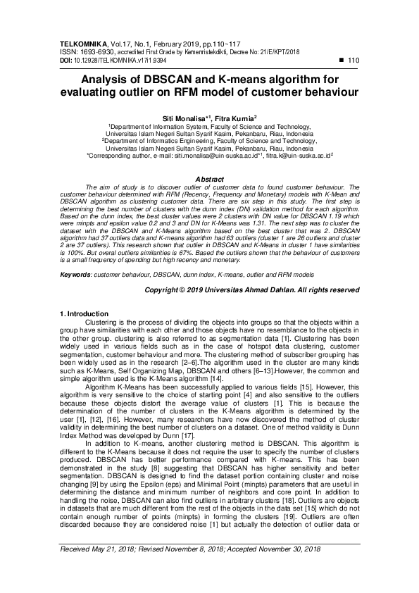 Pdf Analysis Of Dbscan And K Means Algorithm For Evaluating Outlier On Rfm Model Of Customer
