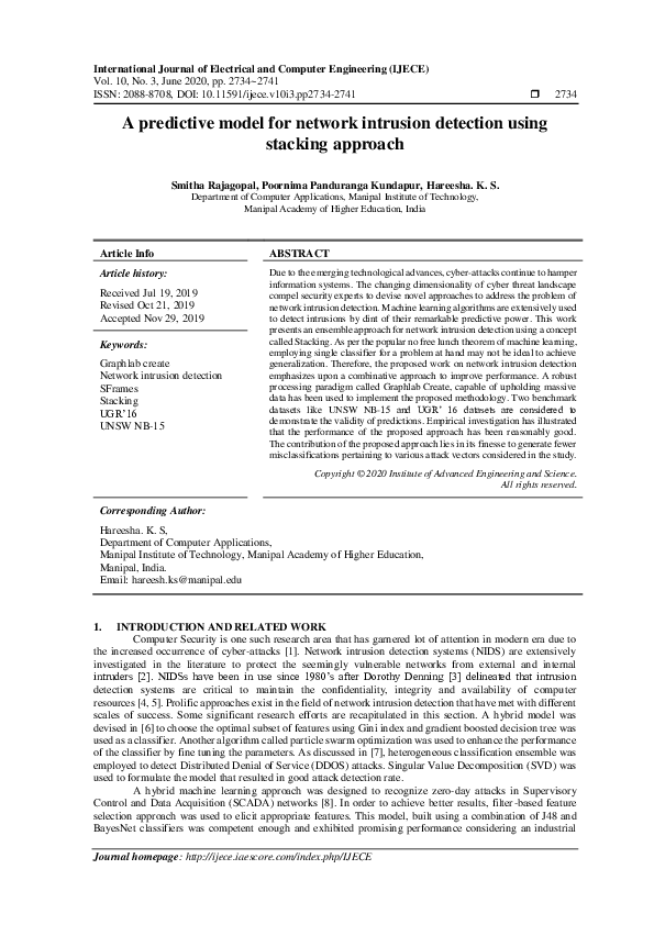 Pdf A Predictive Model For Network Intrusion Detection Using Stacking