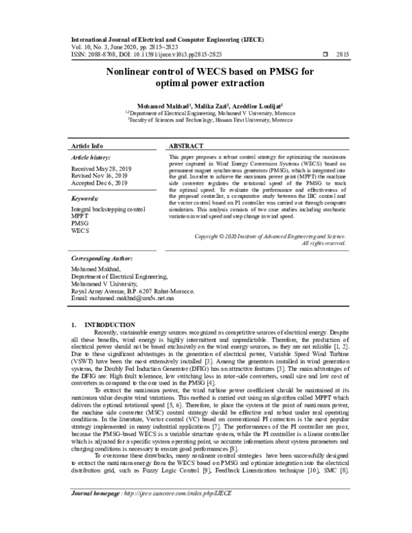 (PDF) Nonlinear control of WECS based on PMSG for optimal power extraction