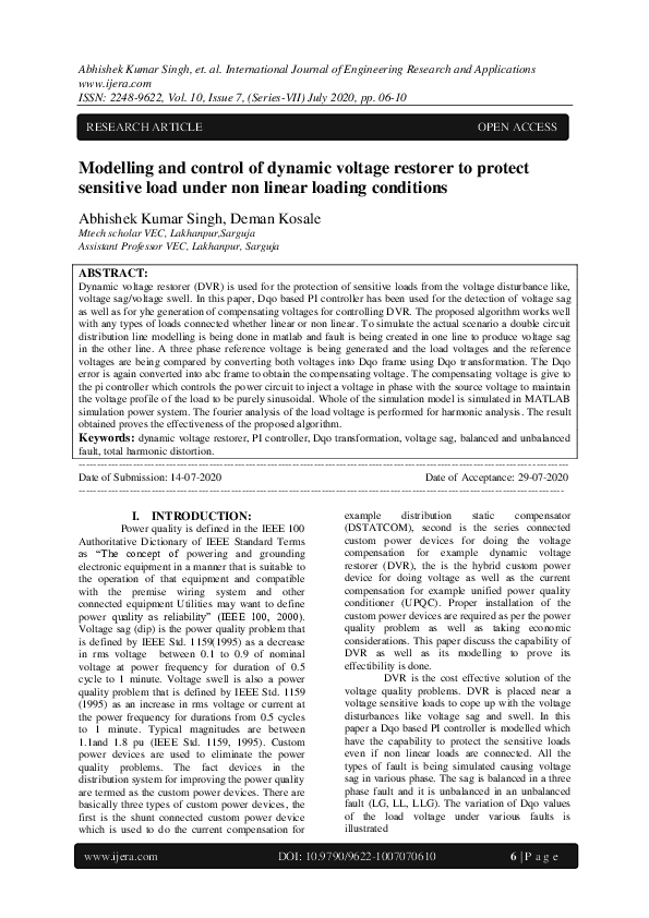 Pdf Modelling And Control Of Dynamic Voltage Restorer To Protect Sensitive Load Under Non