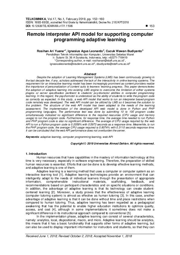 Pdf Remote Interpreter Api Model For Supporting Computer Programming Adaptive Learning