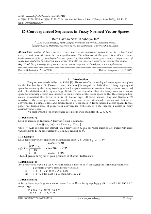 (PDF) Convergenceof Sequences in Fuzzy Normed Vector Spaces