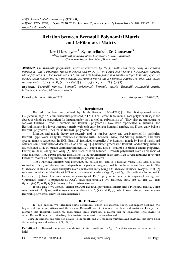 (PDF) Relation between Bernoulli Polynomial Matrix and k-Fibonacci Matrix