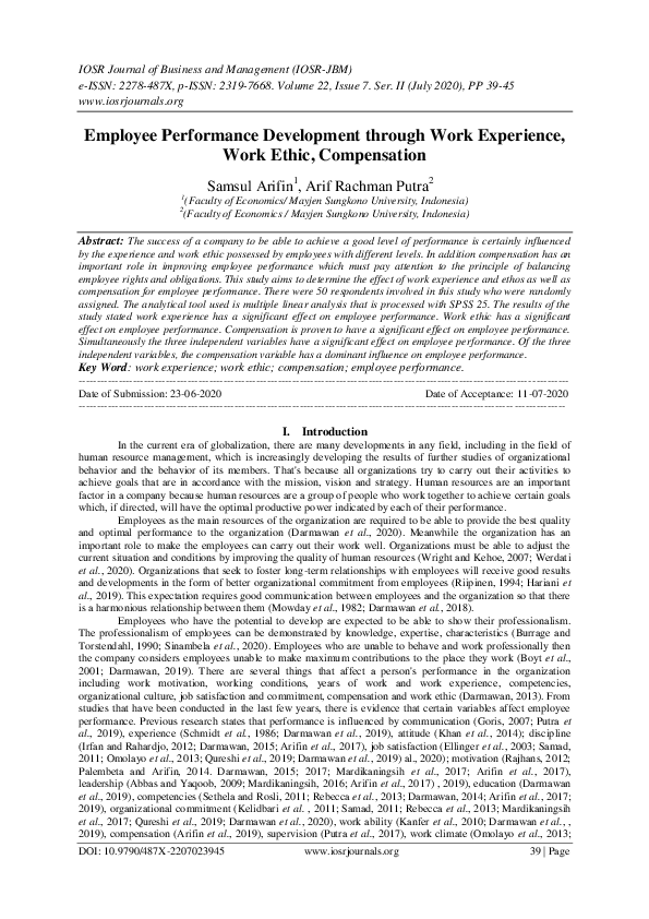 (PDF) Employee Performance Development through Work Experience, Work ...