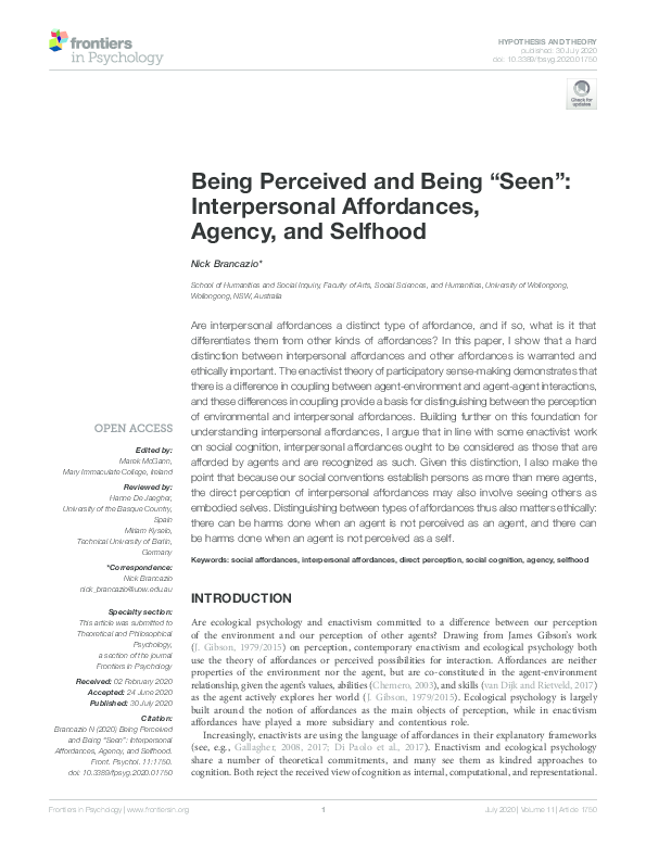 (PDF) Being Perceived and Being 'Seen': Interpersonal Affordances ...