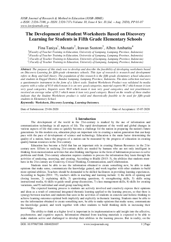 (PDF) The Development of Student Worksheets Based on Discovery Learning ...