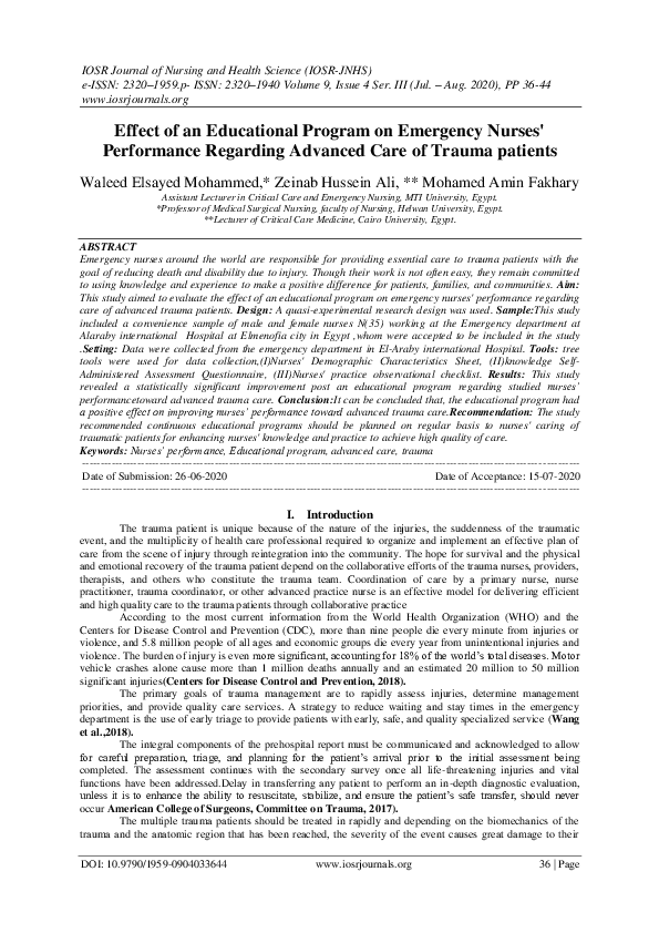 (PDF) Effect of an Educational Program on Emergency Nurses' Performance Regarding Advanced Care ...