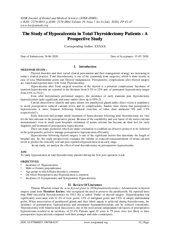(PDF) The Study of Hypocalcemia in Total Thyroidectomy Patients -A Prospective Study