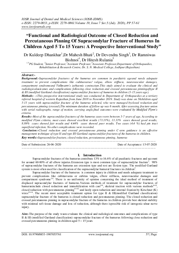 (PDF) "Functional and Radiological Outcome of Closed Reduction and Percutaneous Pinning Of ...