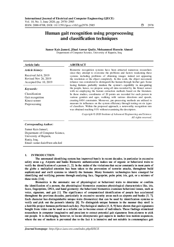 (PDF) Human gait recognition using preprocessing and classification techniques