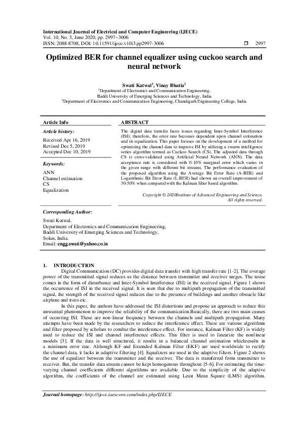 (PDF) Optimized BER for channel equalizer using cuckoo search and neural network