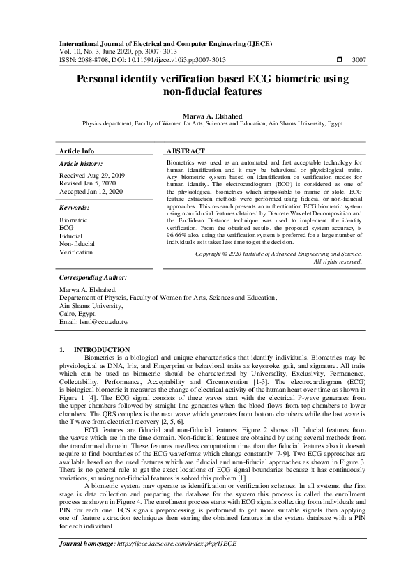 Pdf Personal Identity Verification Based Ecg Biometric Using Non Fiducial Features
