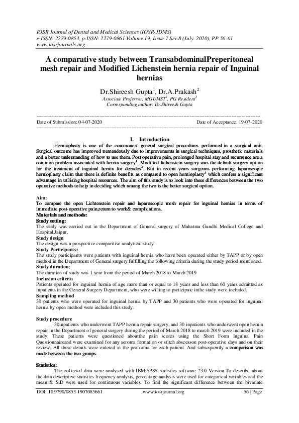 (PDF) A comparative study between TransabdominalPreperitoneal mesh ...