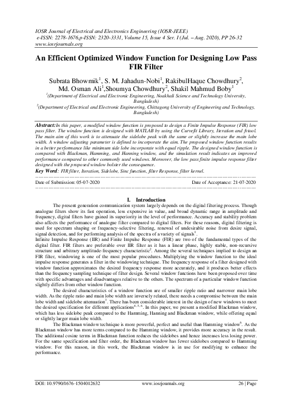 Pdf An Efficient Optimized Window Function For Designing Low Pass Fir
