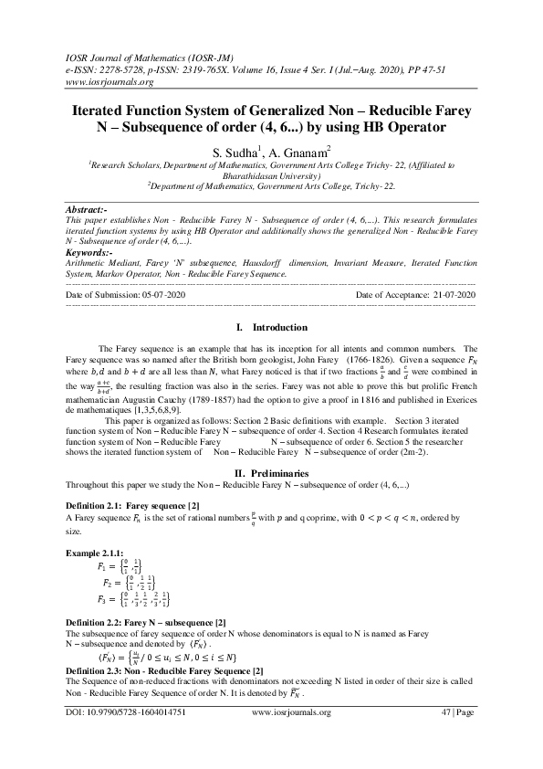 Pdf Iterated Function System Of Generalized Non Reducible Farey N Subsequence Of Order 4 6