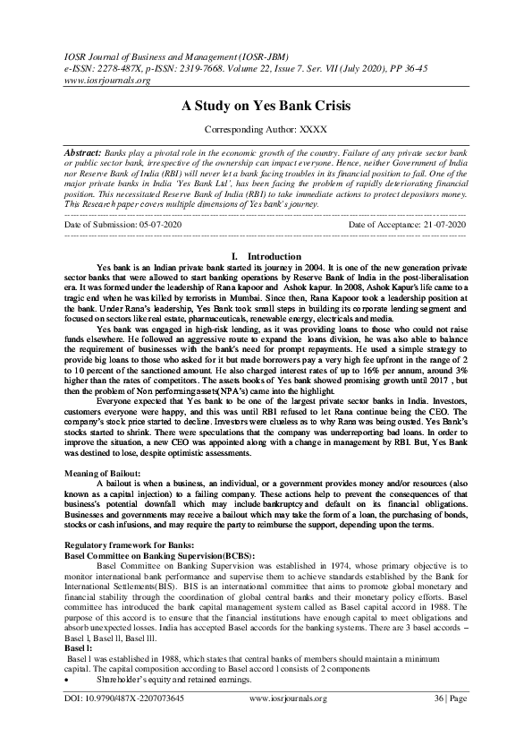 (PDF) A Study on Yes Bank Crisis