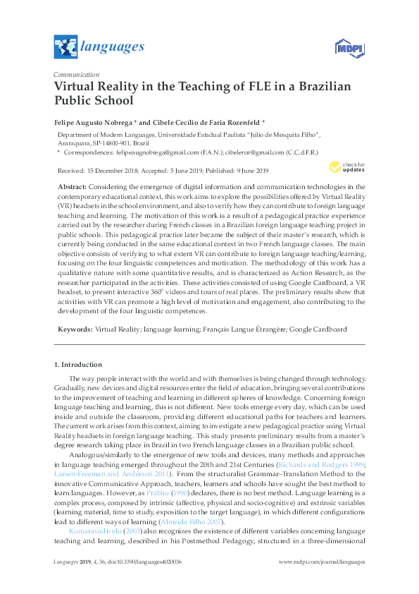 (PDF) languages Communication Virtual Reality in the Teaching of FLE in ...