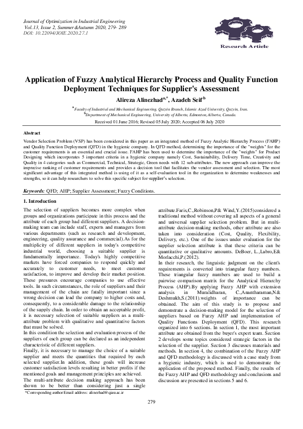 Pdf Application Of Fuzzy Analytical Hierarchy Process And Quality Function Deployment