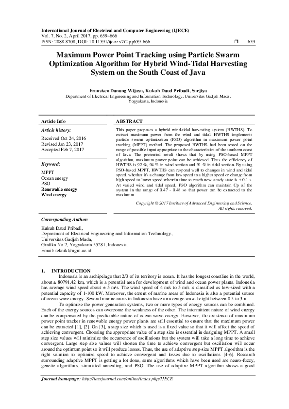 Pdf Maximum Power Point Tracking Using Particle Swarm Optimization