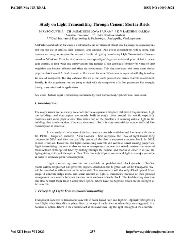(PDF) Study on Light Transmitting Through Cement Mortar Brick