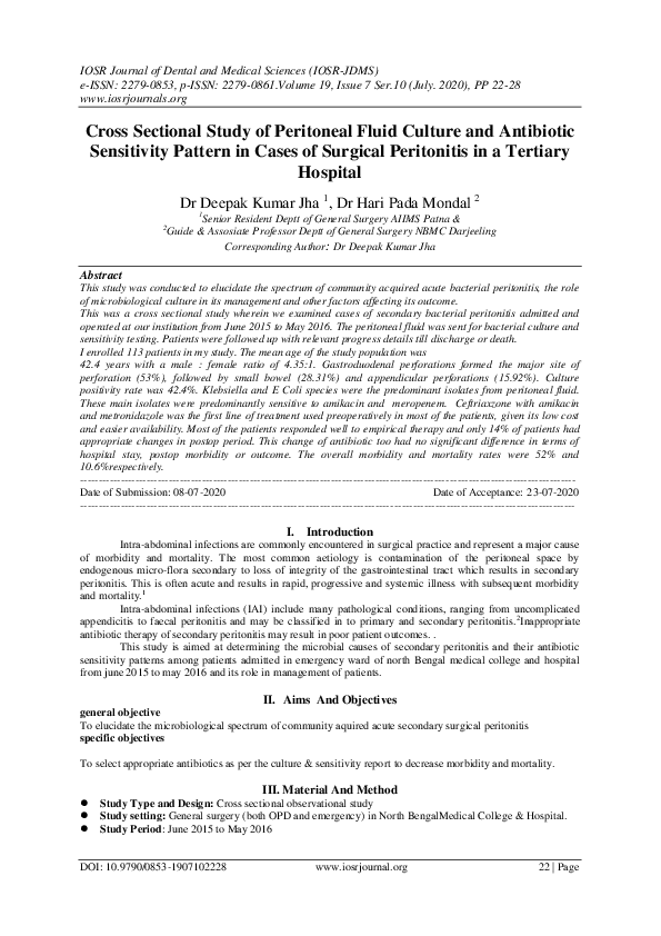 (PDF) Cross Sectional Study of Peritoneal Fluid Culture and Antibiotic ...