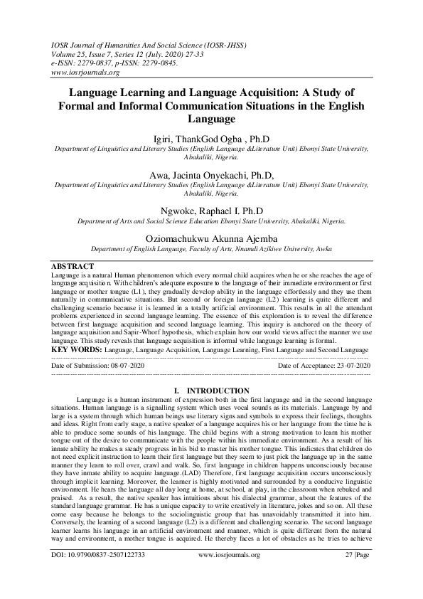 (PDF) Language Learning and Language Acquisition: A Study of Formal and ...