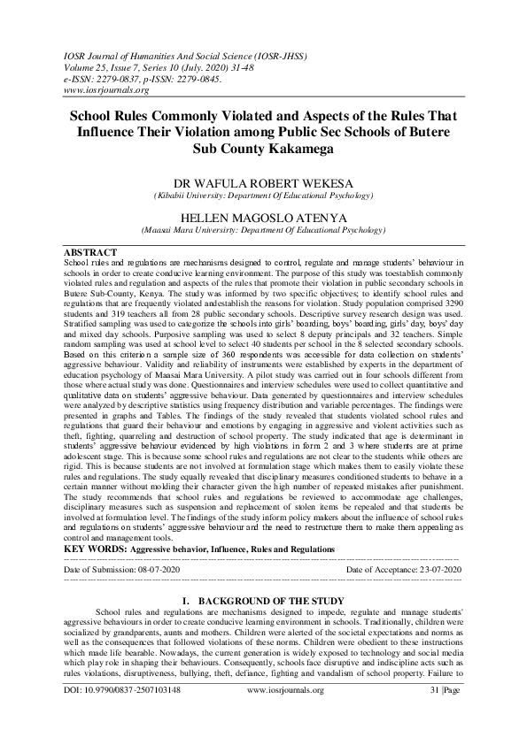 (PDF) School Rules Commonly Violated and Aspects of the Rules That ...