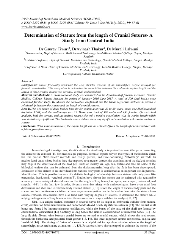 (PDF) Determination of Stature from the length of Cranial Sutures-A ...