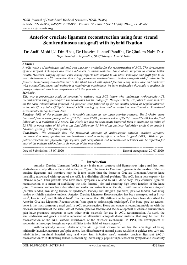 (PDF) Anterior cruciate ligament reconstruction using four strand ...