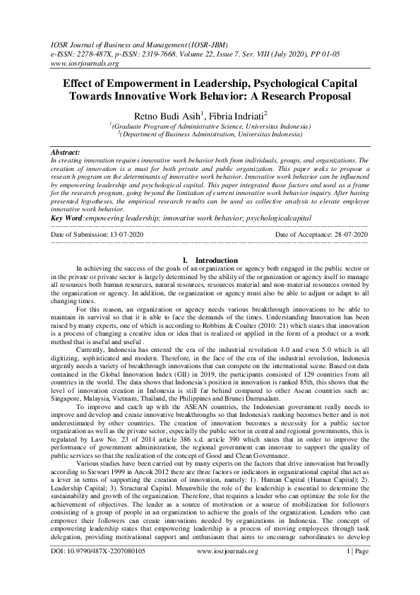 (PDF) Effect of Empowerment in Leadership, Psychological Capital Towards Innovative Work ...