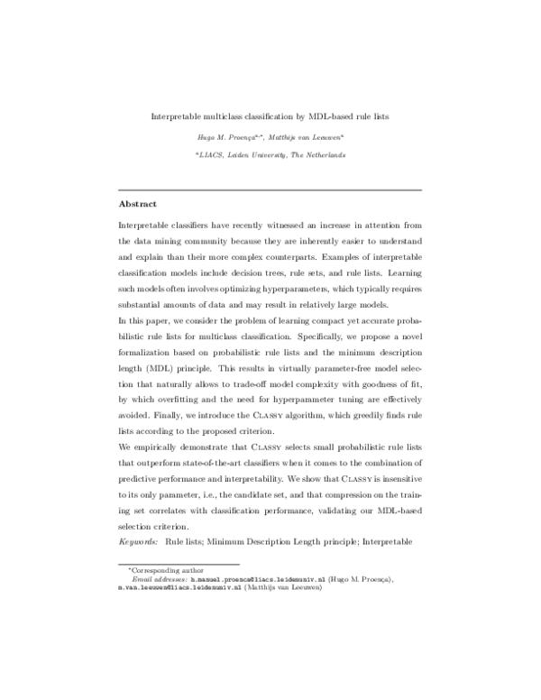 Pdf Interpretable Multiclass Classification By Mdl Based Rule Lists