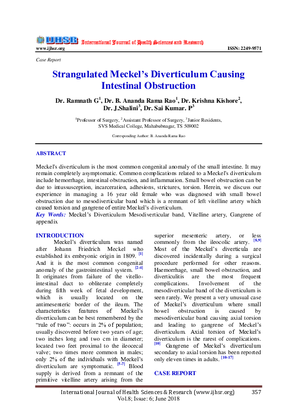 (PDF) Strangulated Meckel's Diverticulum Causing Intestinal Obstruction