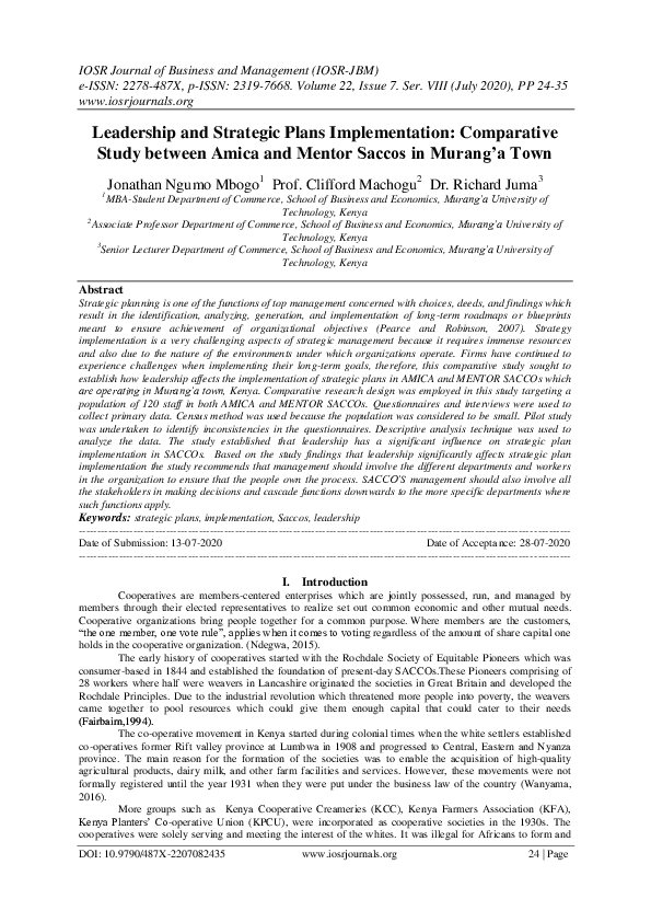 (PDF) Leadership and Strategic Plans Implementation: Comparative Study ...