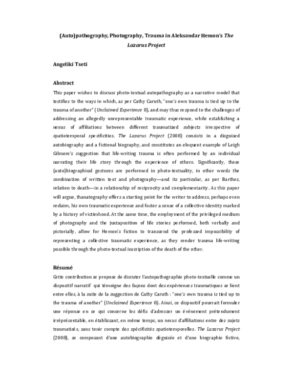 (PDF) "(Auto)pathography, Photography, Trauma in Aleksandar Hemon’s ...