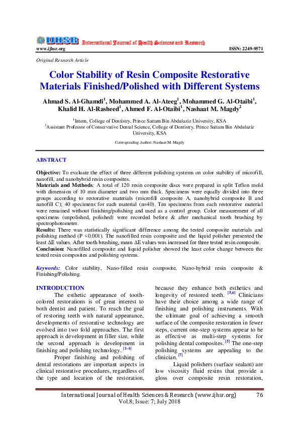 (PDF) Color Stability of Resin Composite Restorative Materials Finished/Polished with Different ...