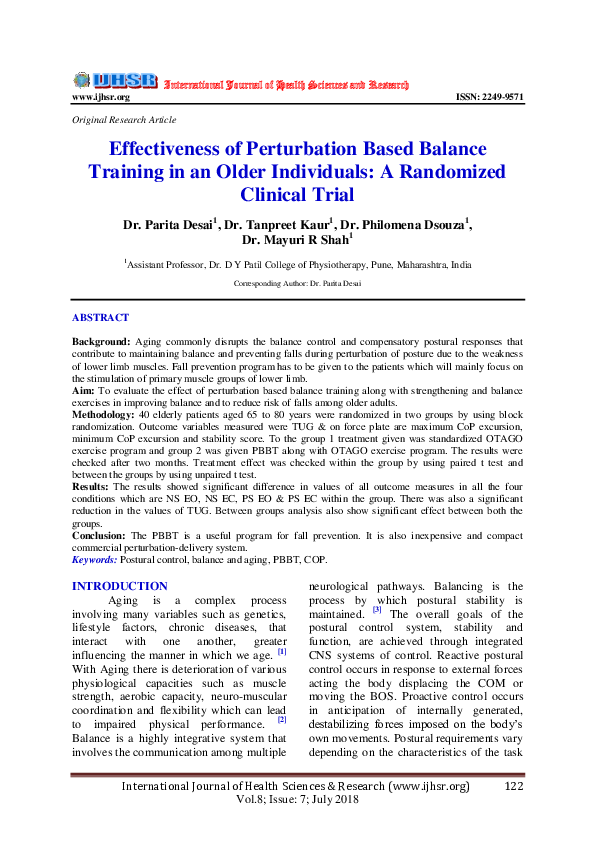 (PDF) Effectiveness of Perturbation Based Balance Training in an Older ...