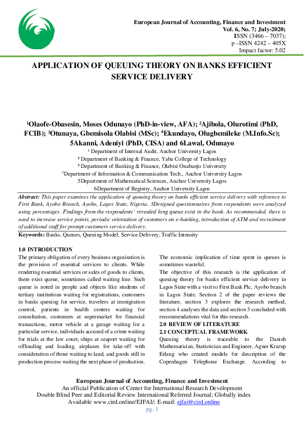 (PDF) APPLICATION OF QUEUING THEORY ON BANKS EFFICIENT SERVICE DELIVERY