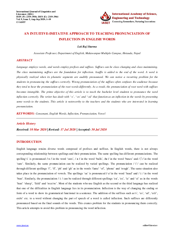 (PDF) AN INTUITIVE-IMITATIVE APPROACH TO TEACHING PRONUNCIATION OF INFLECTION IN ENGLISH WORDS