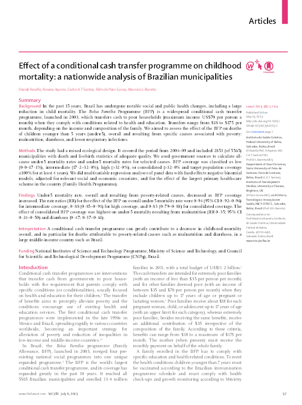 (PDF) Effect of a conditional cash transfer programme on childhood ...