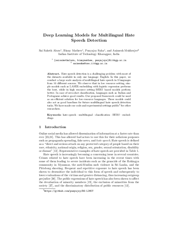 Pdf Deep Learning Models For Multilingual Hate Speech Detection