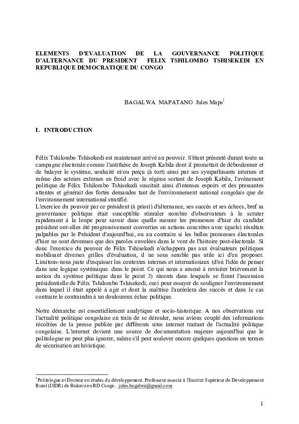 (PDF) ELEMENTS D'EVALUATION DE LA GOUVERNANCE POLITIQUE D'ALTERNANCE DU ...