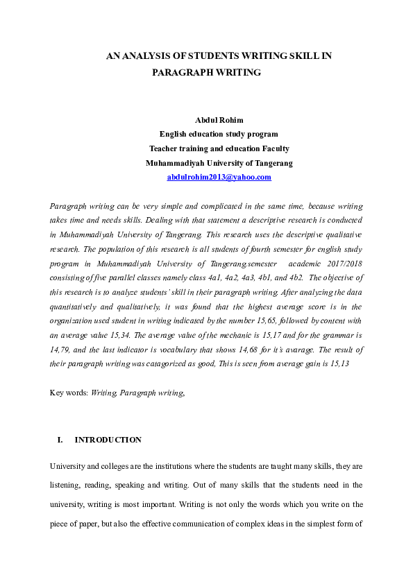 AN ANALYSIS OF STUDENTS WRITING SKILL IN PARAGRAPH WRITING