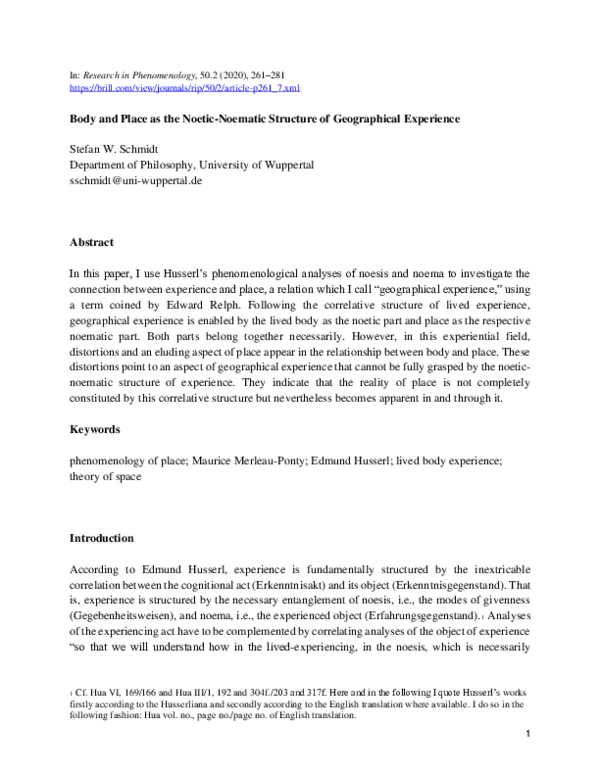 (PDF) Body and Place as the Noetic-Noematic Structure of Geographical ...
