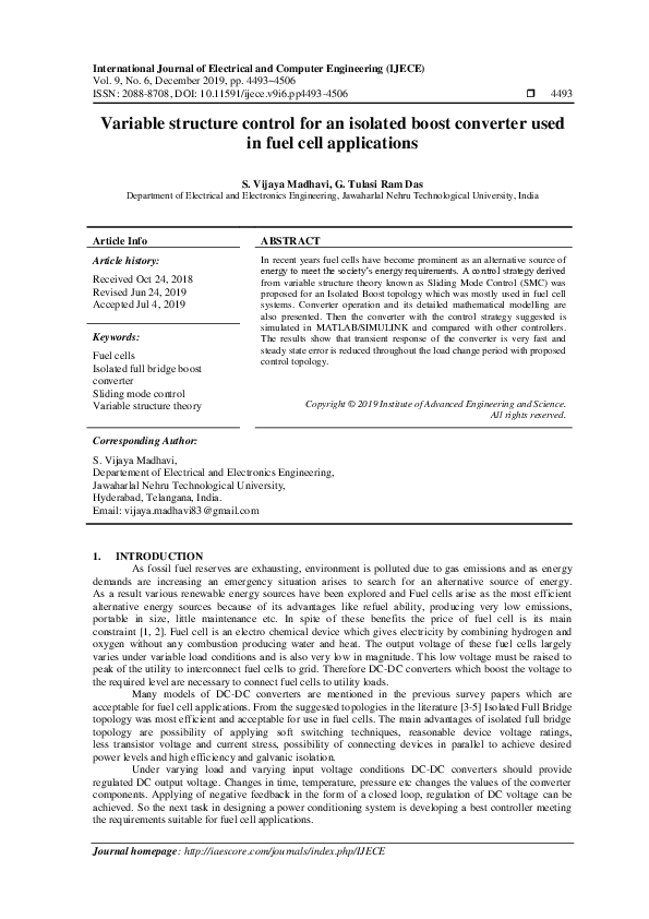 (PDF) Variable structure control for an isolated boost converter used in fuel cell applications
