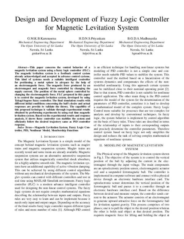 (PDF) Design and Development of Fuzzy Logic Controller for Magnetic Levitation System