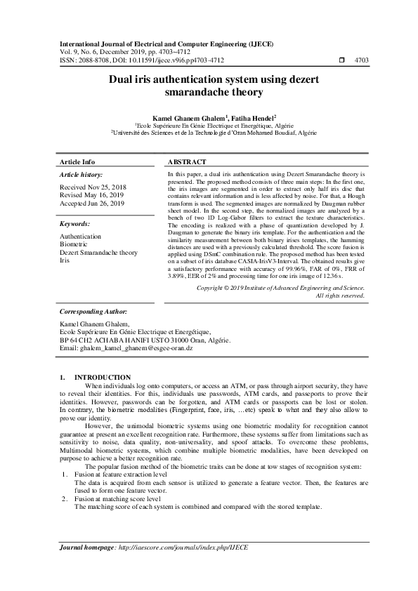Pdf Dual Iris Authentication System Using Dezert Smarandache Theory